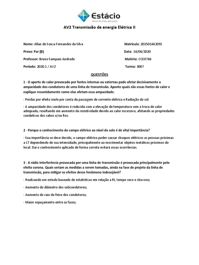AV2 Transmissão de Energia Elétrica II - Prova Par | PDF | Transmissão de energia elétrica ...