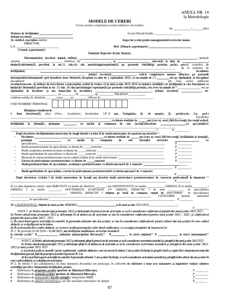 Cerere Completarea Normei Didactice de Predare | PDF