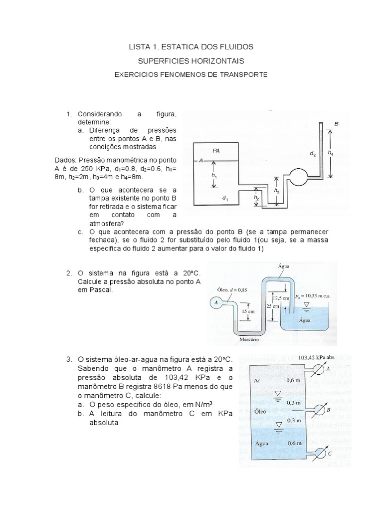 LISTA 1. Estatica Dos Fluidos | PDF