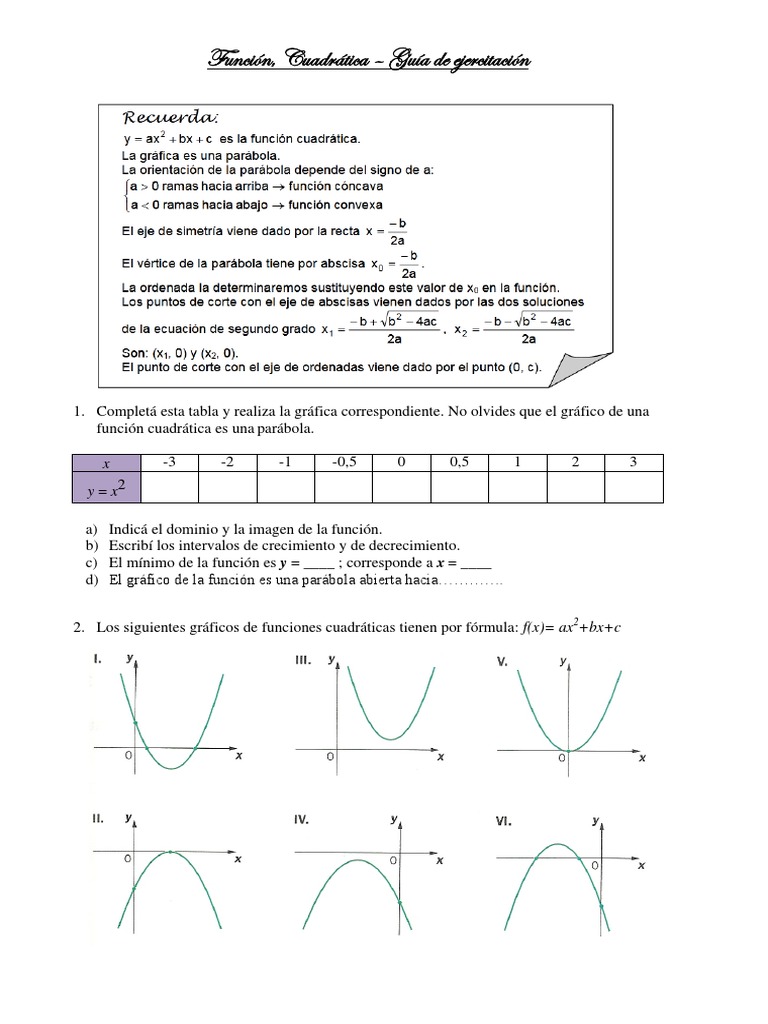 Función Cuadrática - Ejercicios | PDF | Ecuación cuadrática | Matemática Elemental