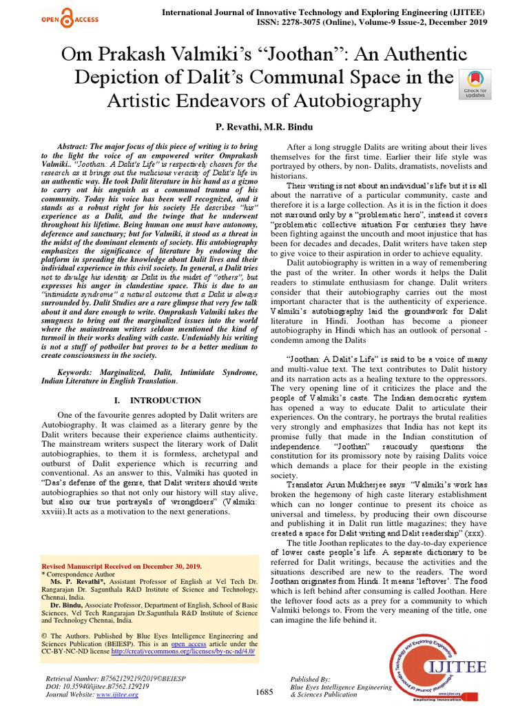 Om Prakash Valmiki's "Joothan": An Authentic Depiction of Dalit's ...