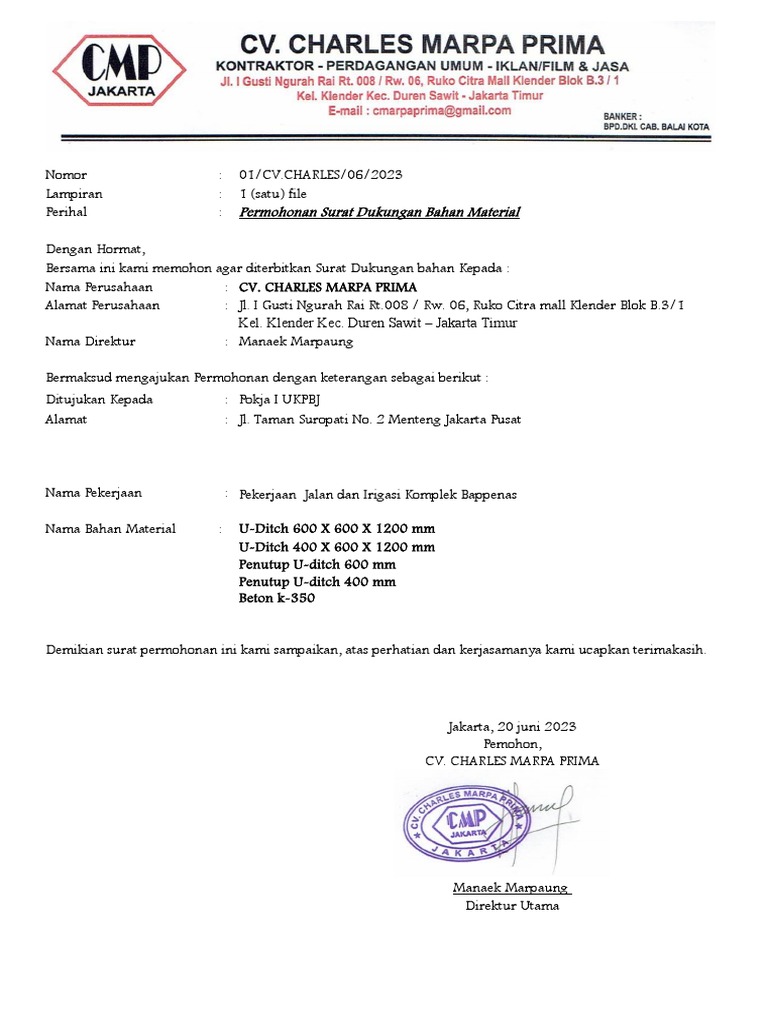 Surat Permohonan Material Beton | PDF