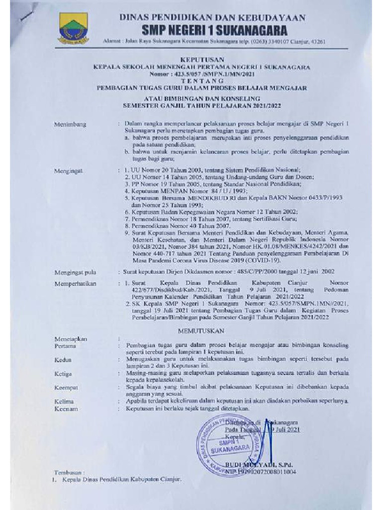 1.SK Pembagian Tugas Mengajar 2021-2022 Sd. 2022-2023 | PDF