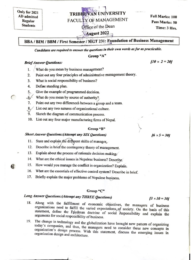 BBM 1st Semester Old Questions | PDF