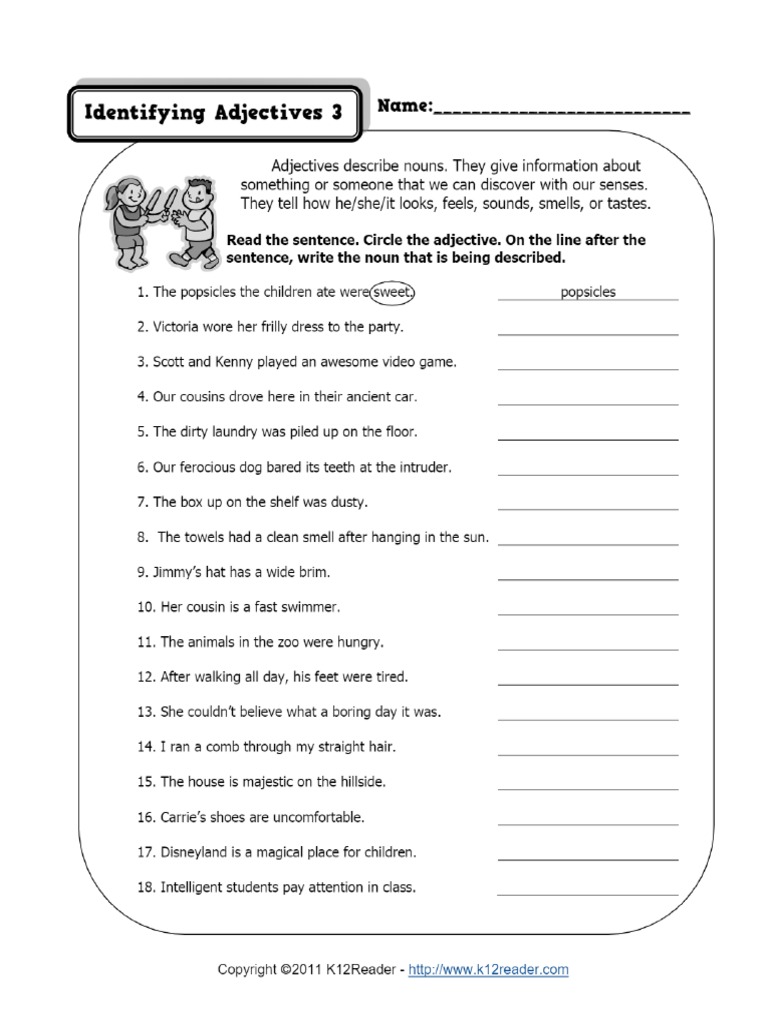Identifying Adjectives 3 - 3rd Grade Adjective Worksheets | PDF