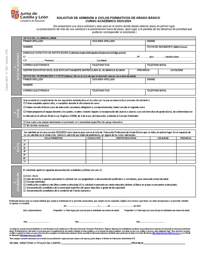 IAPA 1581 Modelo+Solicitud+FP+Basica | PDF