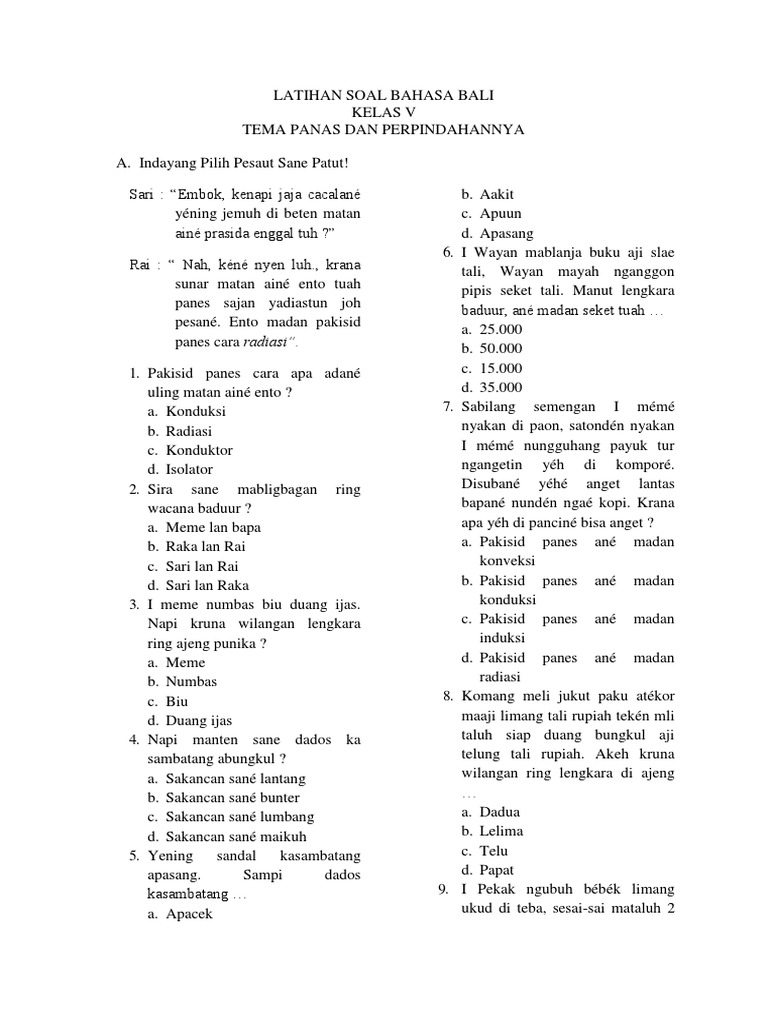 Soal Latihan Bahasa Bali Kelas V | PDF