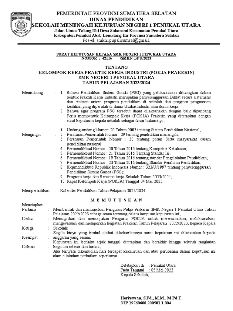 Surat Keputusan POKJA Prakerin SMK 2023 | PDF