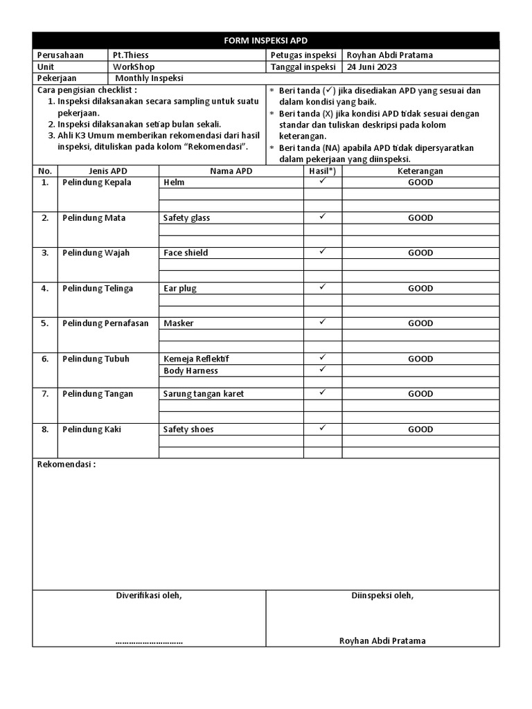 Form Inspeksi APD | PDF