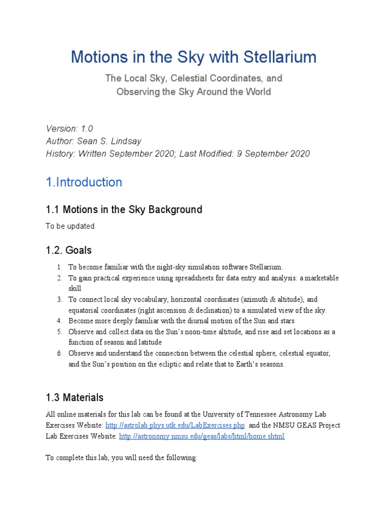 Motions in The Sky Lab v01 | PDF | Minute And Second Of Arc | Horizon