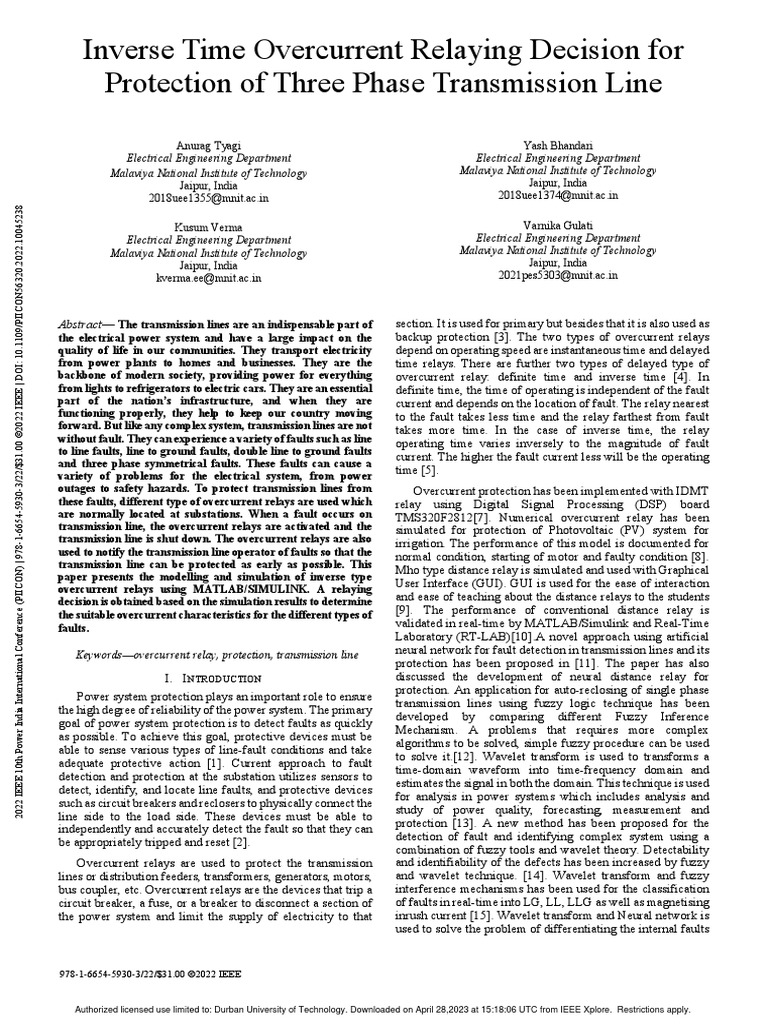 Inverse Time Overcurrent Relaying Decision For Protection of Three Phase Transmission Line | PDF ...
