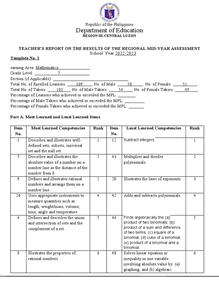 Regional-Mid-Year-Assessment-Report_Math7-all2 | PDF | Equations ...
