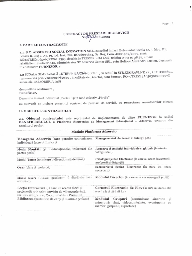 Contract Adservio Scoala Gimnaziala Stefan Barsanescu Iasi | PDF