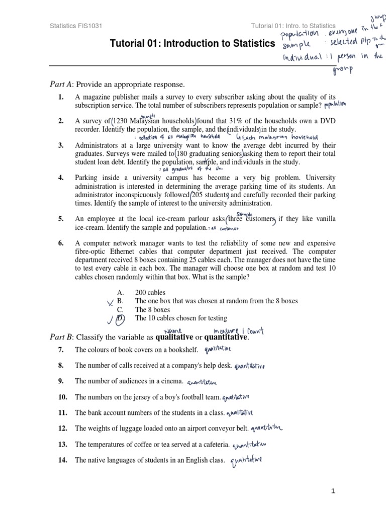 Tutorial 01 Introduction To Statistics | PDF | Sampling (Statistics) | Level Of Measurement
