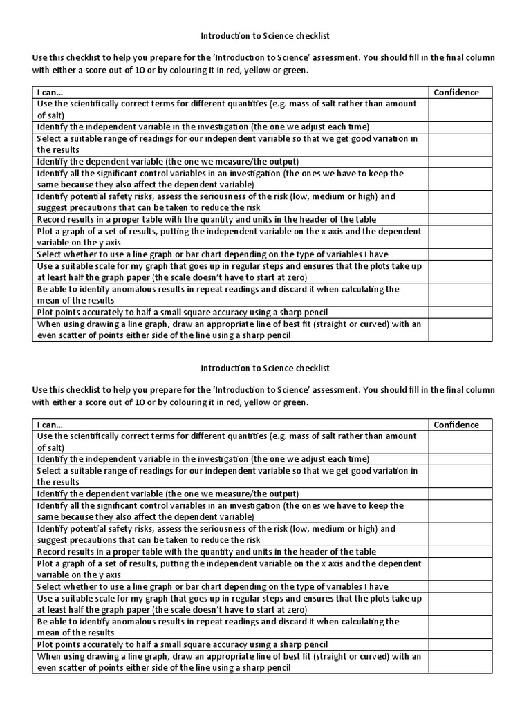 Introduction - To - Science - Checklistv1 | PDF | Risk | Dependent And ...