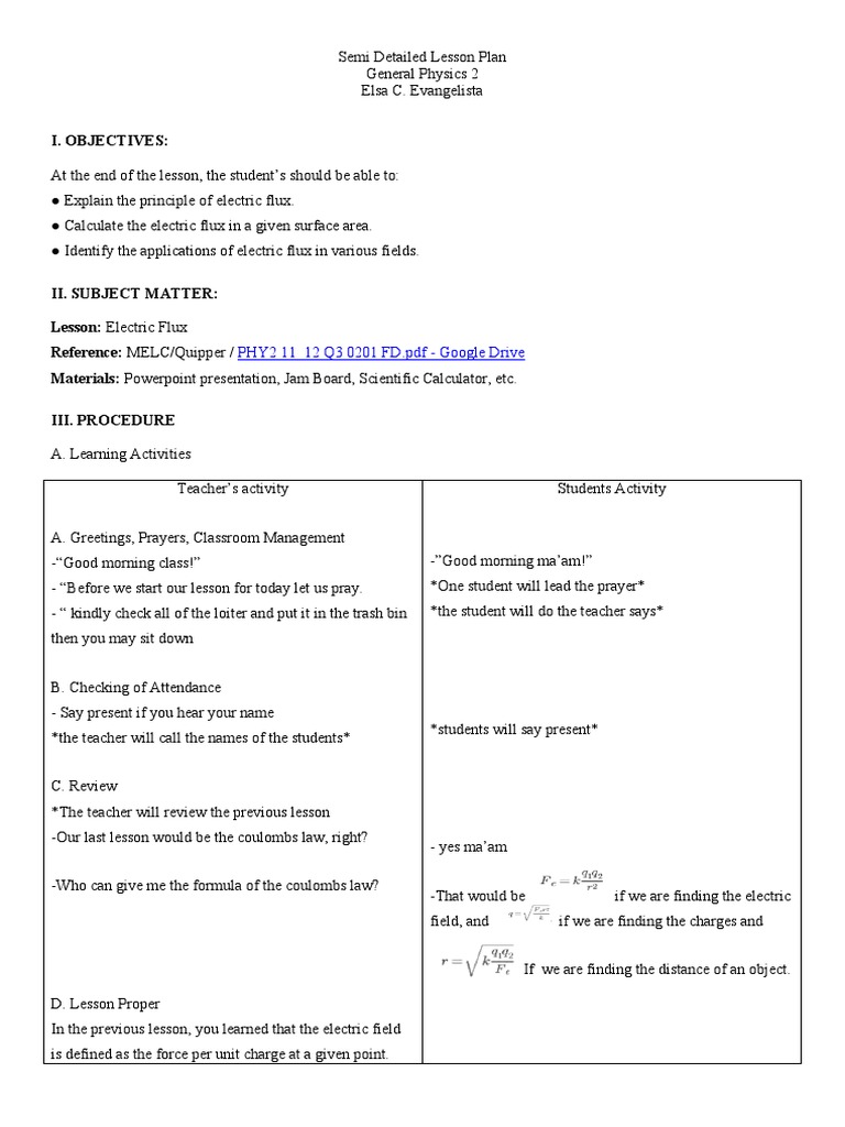 Semi Detailed Lesson Plan | PDF | Flux | Electric Charge