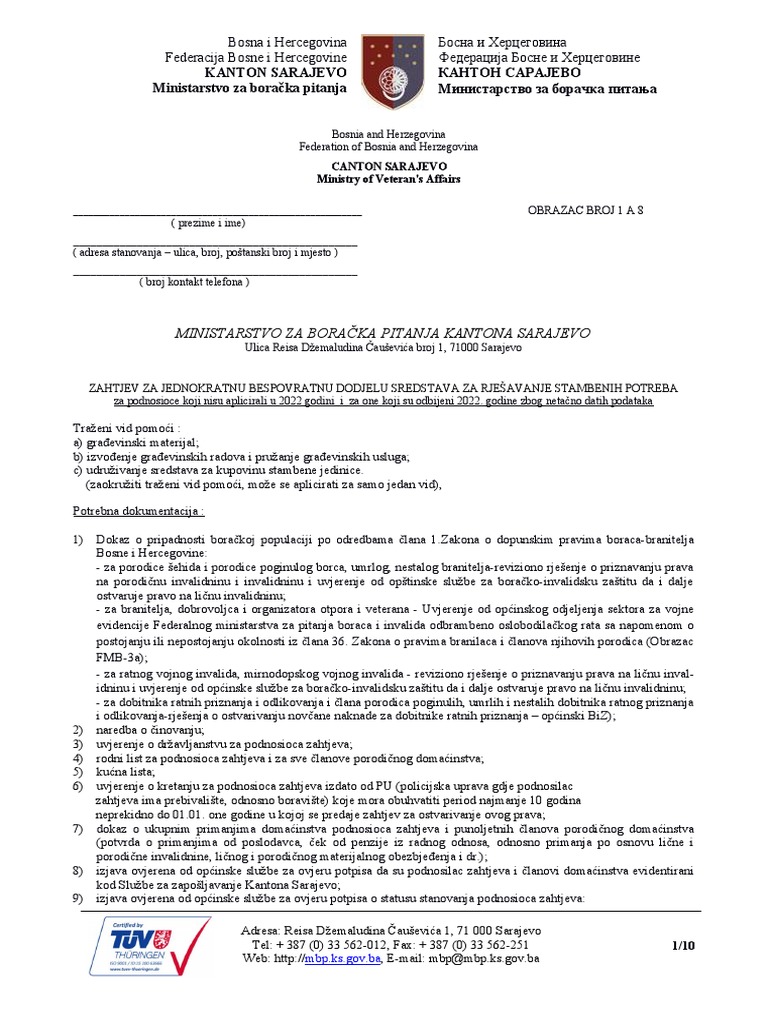 Obrazac Zahtjeva Za Jednokratnu Bespovratnu Dodjelu Sredstava 2023 ...