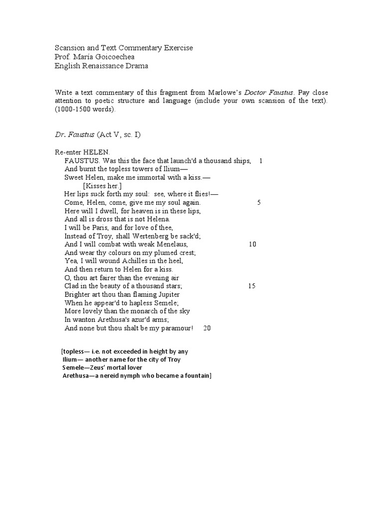 Scansion and Commentary on Faustus' Helen | PDF | Poetry
