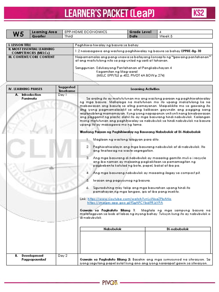 Learning Area Grade Level Quarter Date: Epp-Home Economics 4 Third Week 5 | PDF