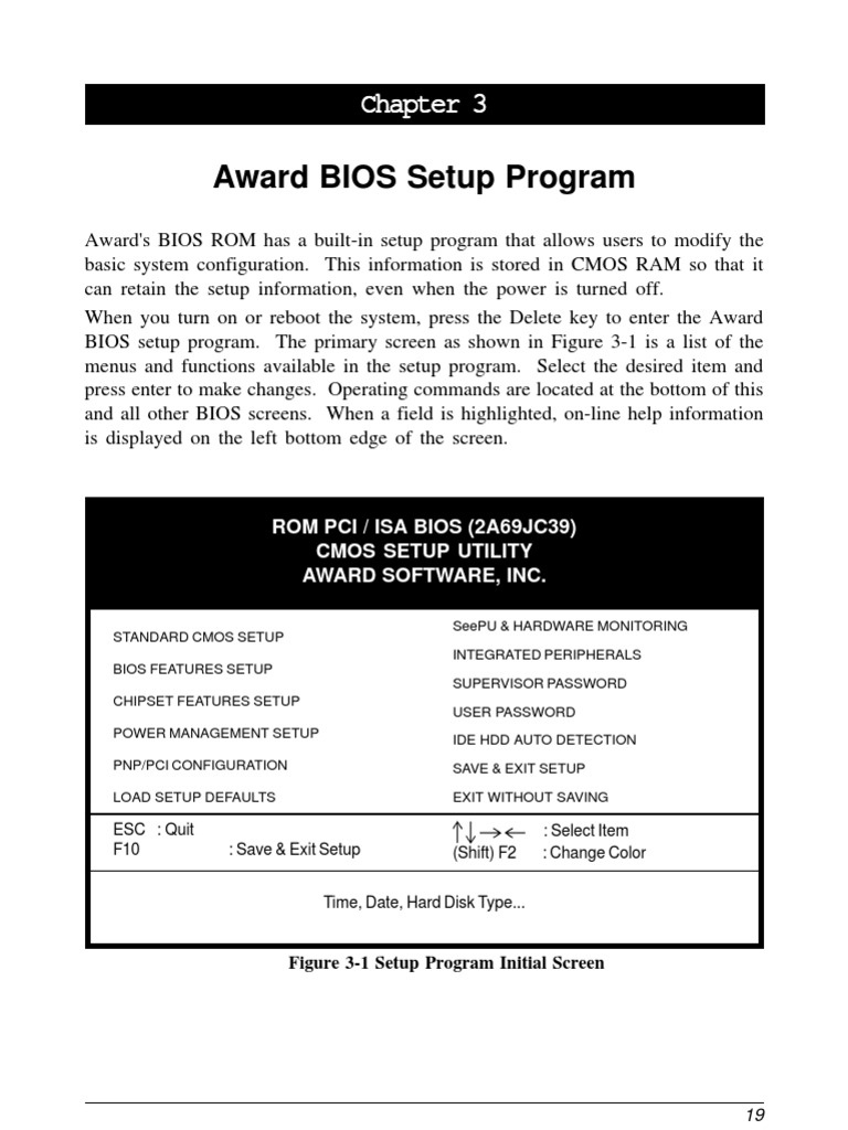 Award BIOS Setup Program: Rom Pci / Isa Bios (2A69Jc39) Cmos Setup ...