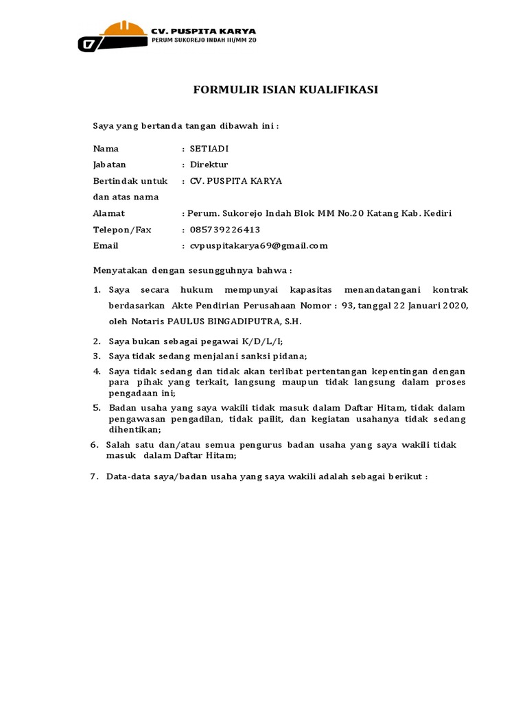 Formulir Kualifikasi CV. Puspita Karya | PDF