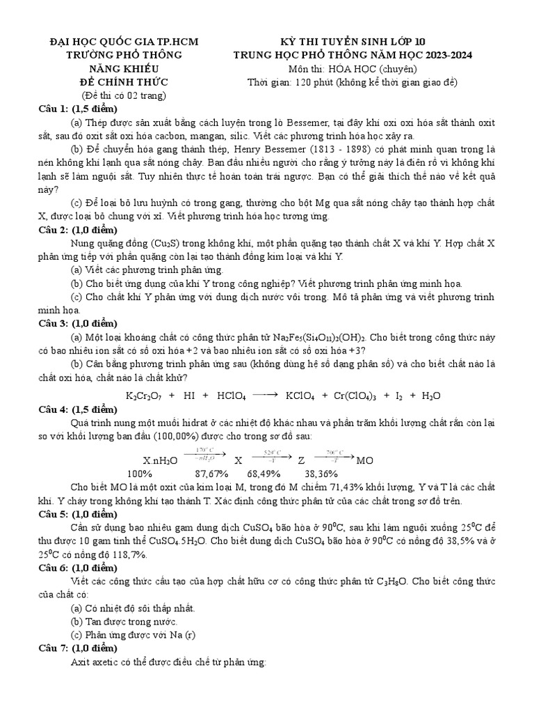 Chuyên Hóa 10 PTNK TPHCM Năm 2023 - 2024 File | PDF