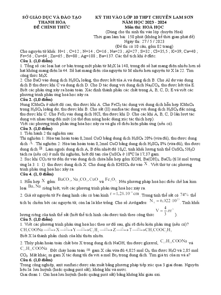 02. Chuyên Hóa 10 Lam Sơn Thanh Hóa 2023-2024 - file đề + Ảnh HDC | PDF