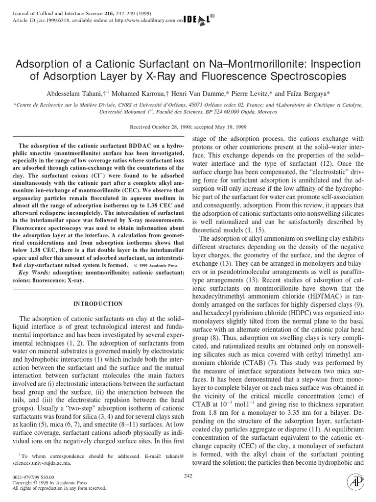 Adsorption of A Cationic Surfactant On Na-Montmorillonite: Inspection of Adsorption Layer by X ...
