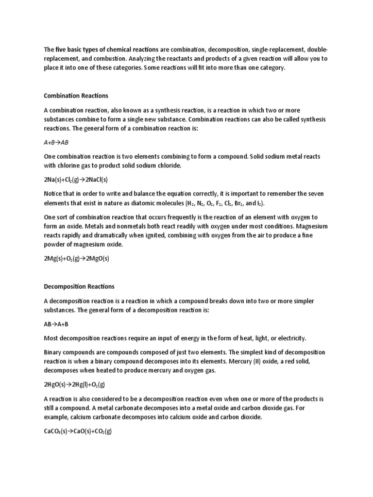 The Five Basic Types of Chemical Reactions Are Combination | PDF | Ion ...