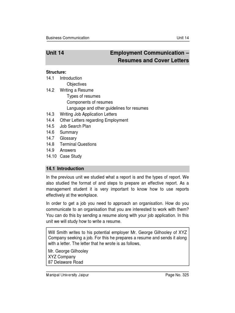Unit 14 - Employment Communication - Resumes and Cover Letters | PDF ...