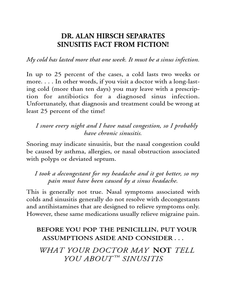 Dr. Alan Hirsch Separates Sinusitis Fact From Fiction!: What Your ...