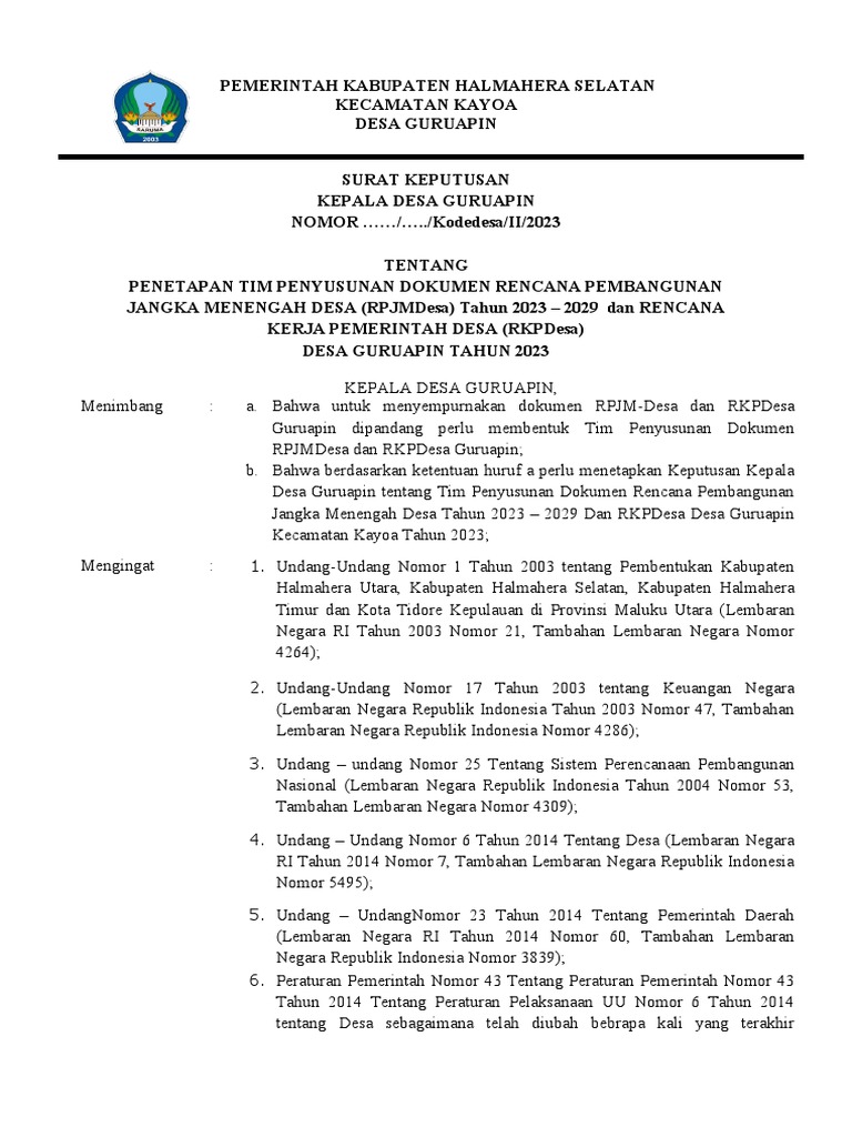SK Tim Penyusunan Rpjmdesa Rkpdesa Guruapin | PDF | Griya & Taman