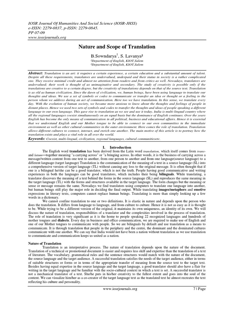 Nature and Scope of Translation: B.Sowndarya, S. Lavanya | PDF ...