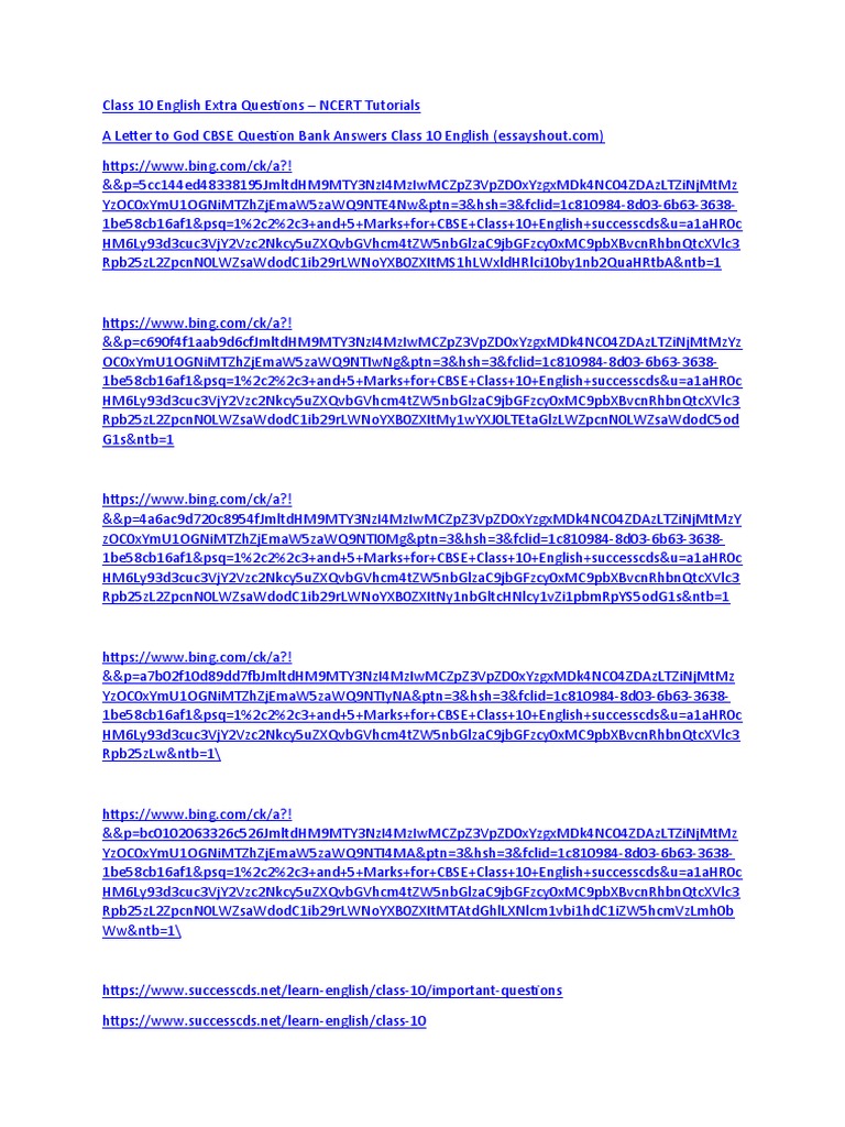 Class 10 English Extra Questions | PDF