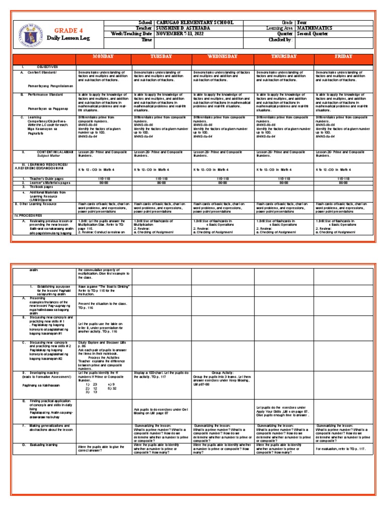 Grade 4 DLL Quarter 2 Week 1 | PDF | Flashcard | Mathematics