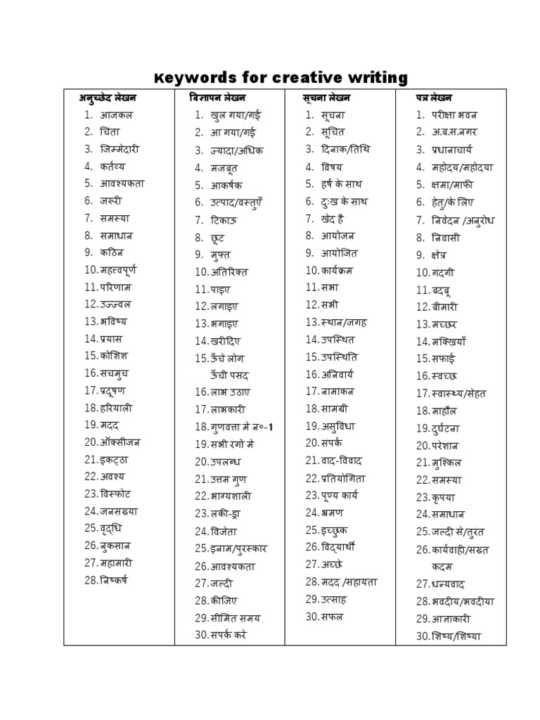 Keywords For Creative Writing (Hindi) | PDF