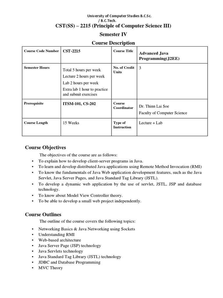CST (SS) - 2215 (Principle of Computer Science III J2EE) Lecture Plan ...