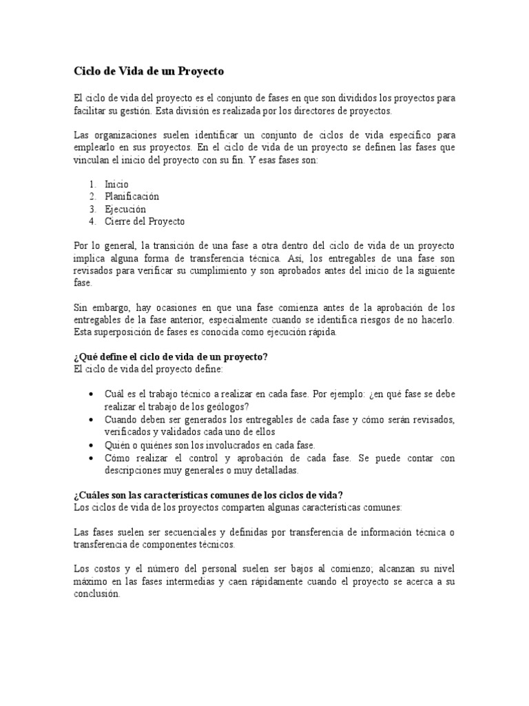 Ciclo De Vida De Un Proyecto Pdf Planificación Evaluación Del
