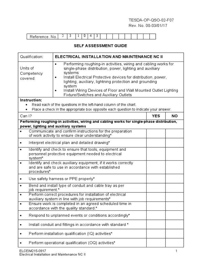 EIM NC II Self-Assessment Guide | PDF | Electrical Wiring | Lighting