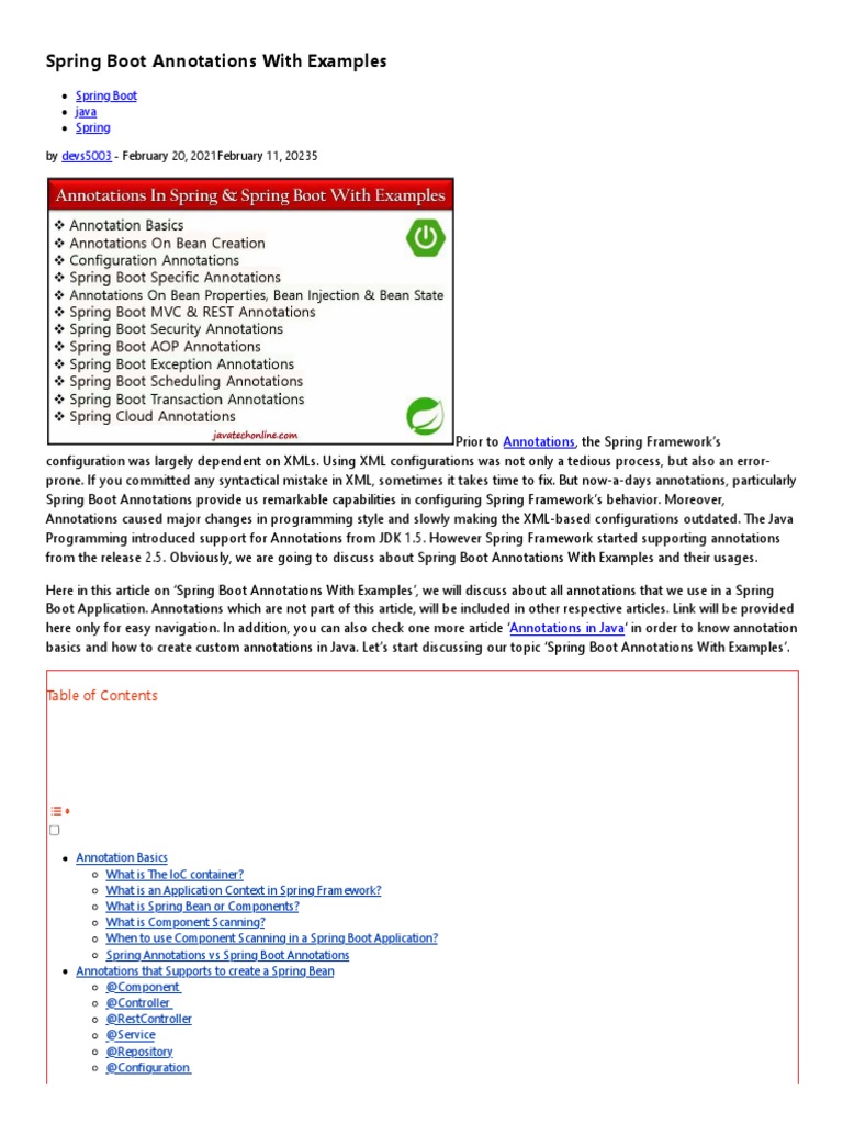 Spring Boot Annotations With Examples - JavaTechOnline | Download Free ... Spring Boot Annotations With Examples - JavaTechOnline | Download Free ...