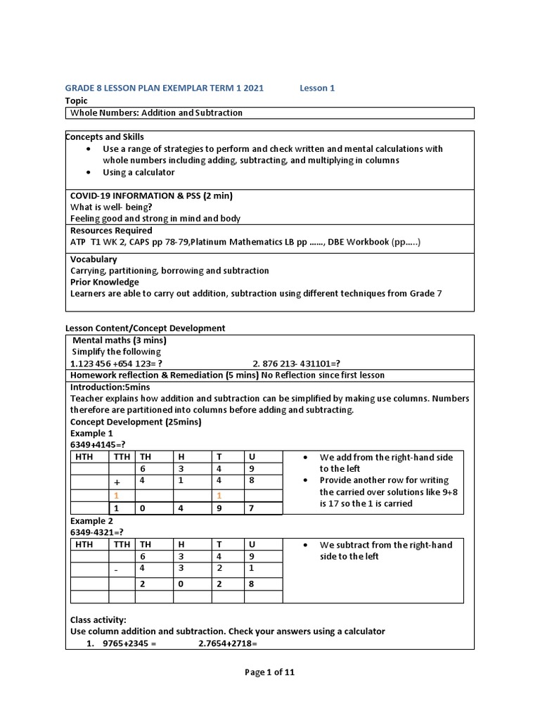 Corvs - Grade 8 Mathematics Lesson Plan Exemplar Term 1 - March2021 ...