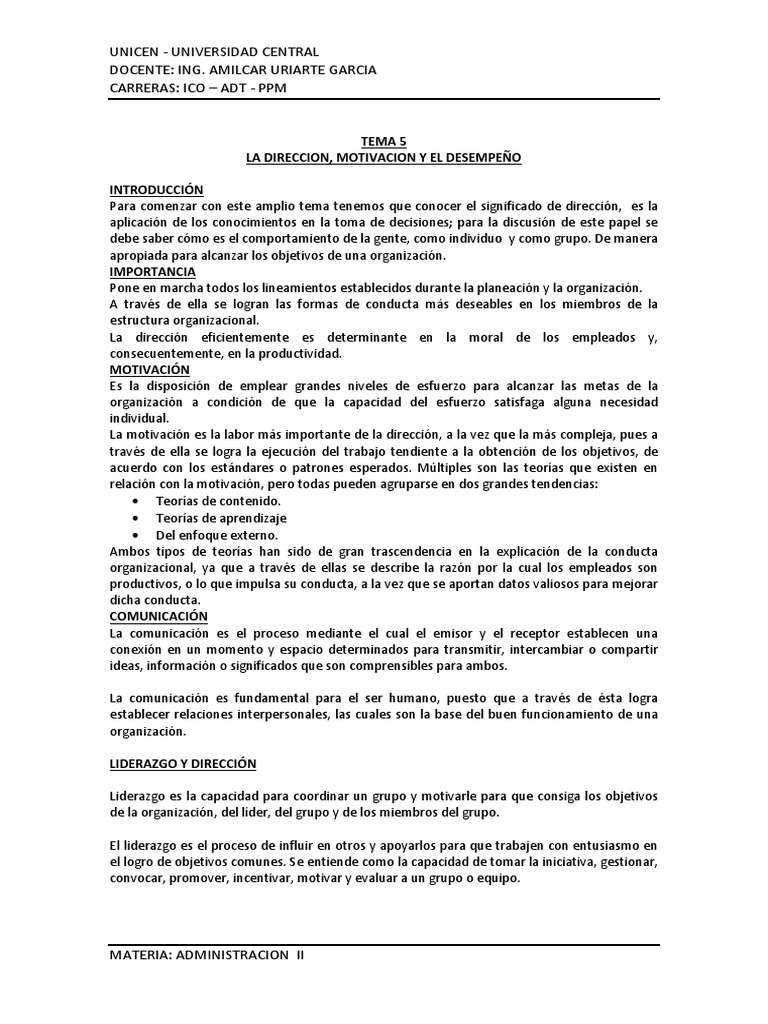 Dosier Tema 5 Admi Ii PDF | PDF | Liderazgo | Motivación