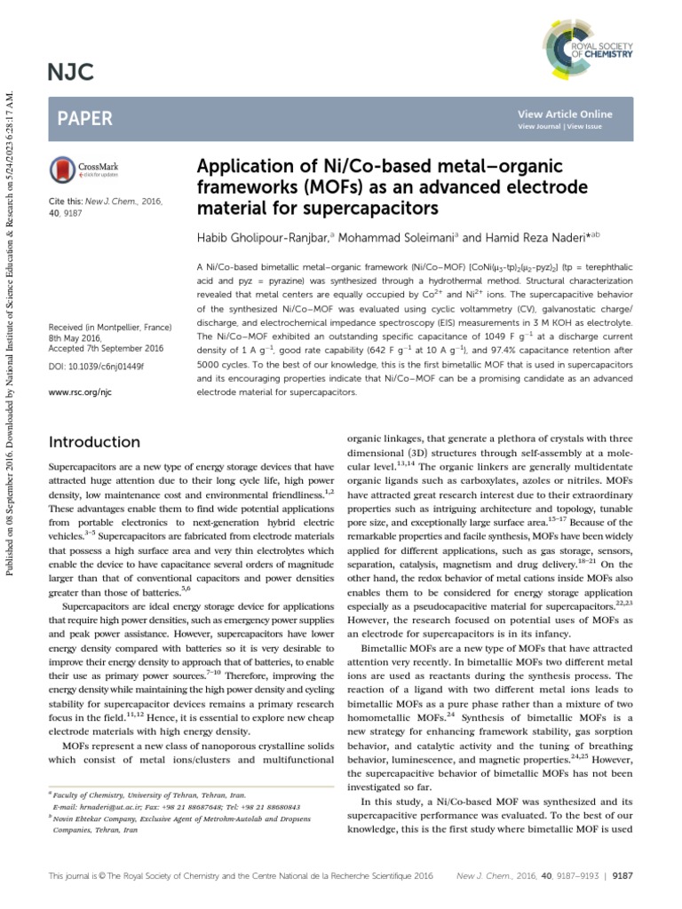 Ni/Co-MOFs for Supercapacitor Electrodes | PDF | Physical Sciences ...