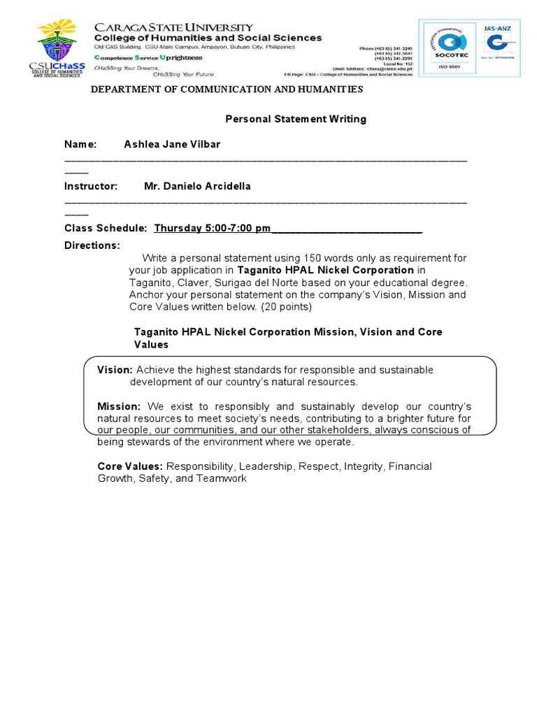 Personal Statement Writing Activity | PDF | Leadership | Psychology