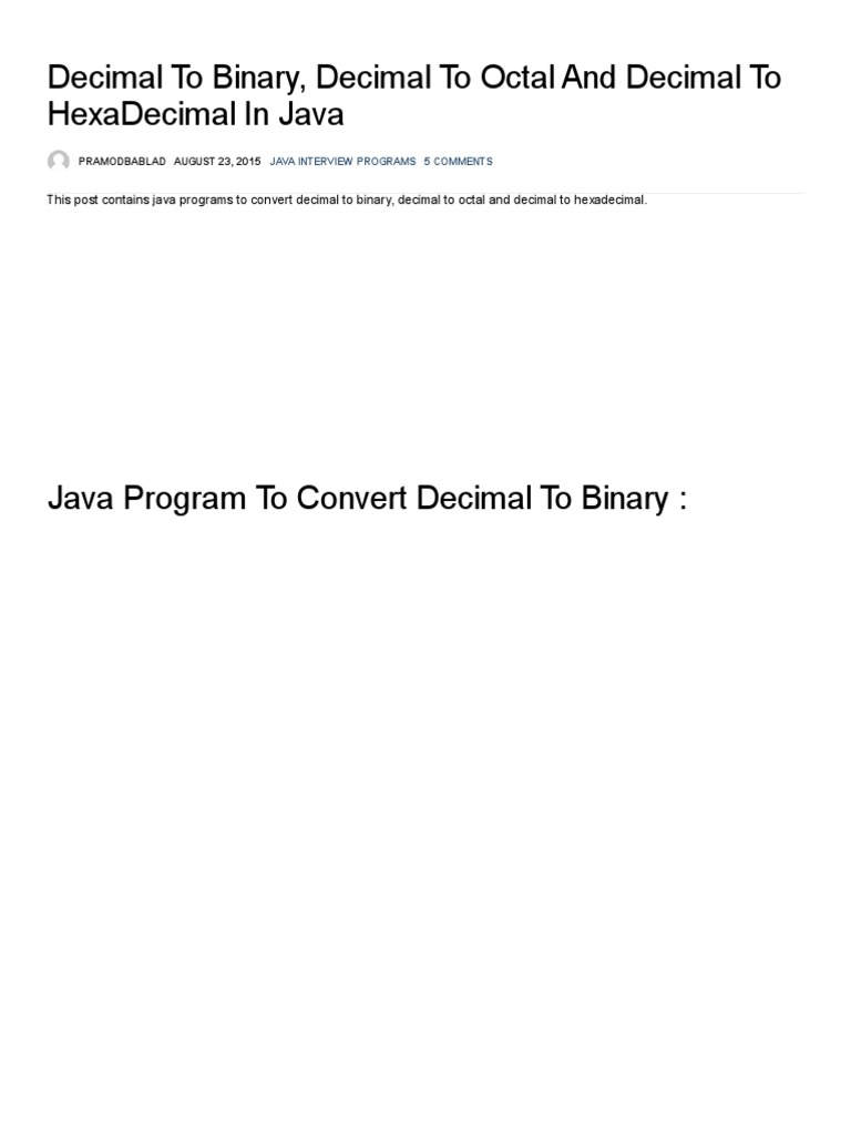 Decimal To Binary, Decimal To Octal and Decimal To HexaDecimal in Java | PDF | Decimal ...