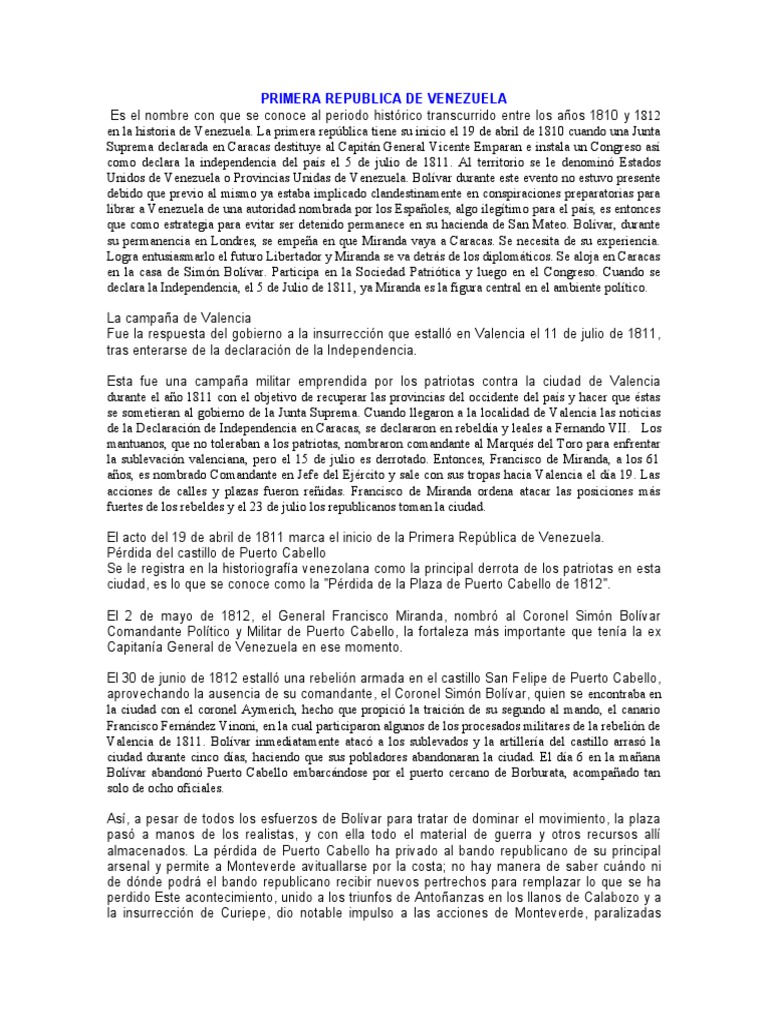 Primera República de Venezuela 1810-1812 | PDF | Conflictos