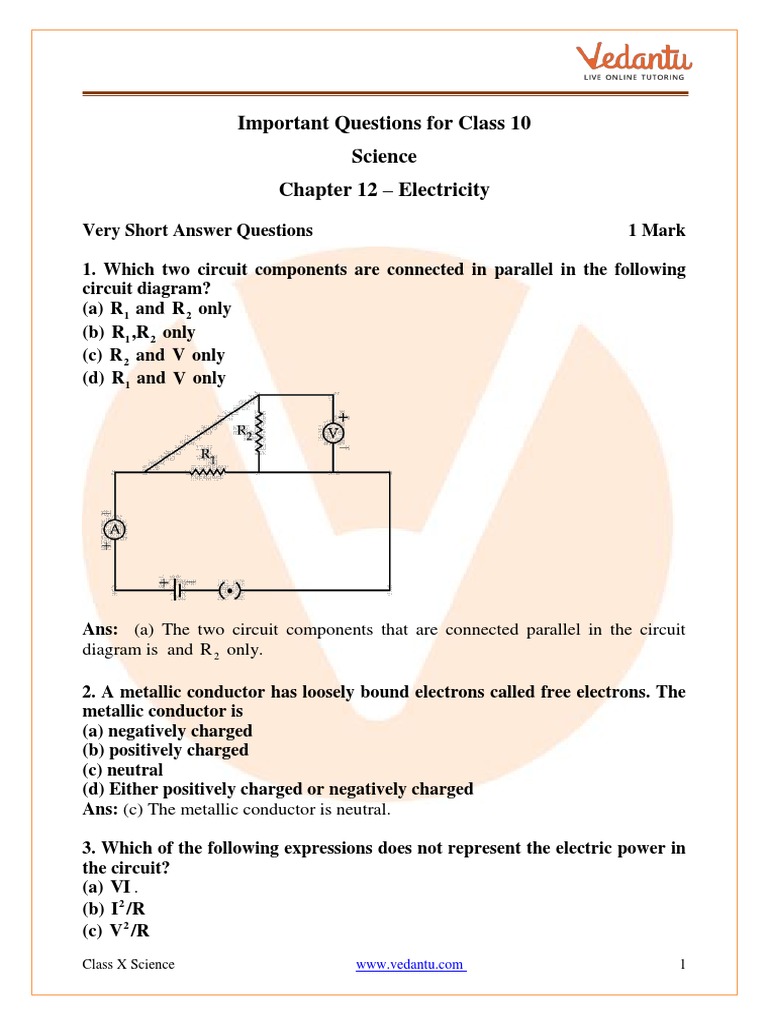 CBSE Class 10 Science Chapter 12 Electricity Important Questions 2022-23 (1) | PDF | Electrical ...