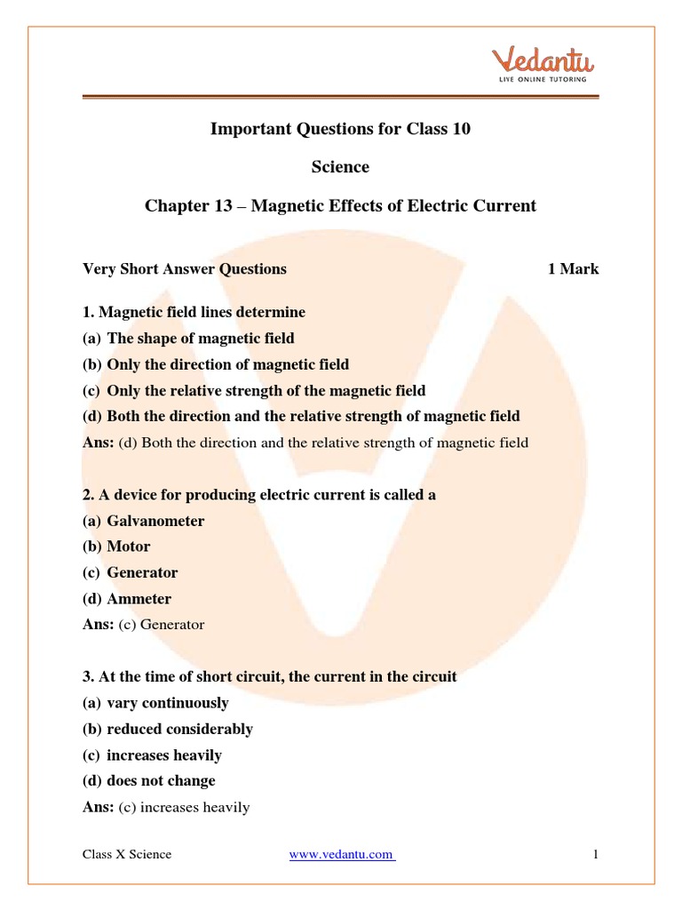 CBSE Class 10 Science Chapter 13 Magnetic Effects of Electric Current Important Questions 2022 ...