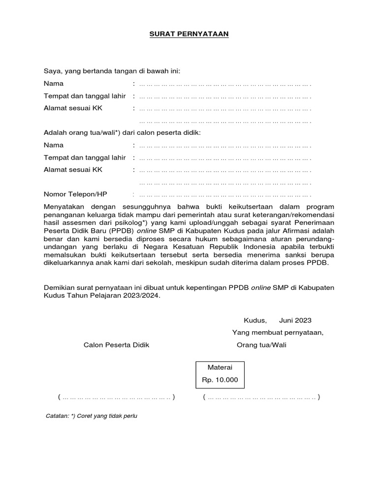 Surat Pernyataan Jalur Afirmasi PPDB Online 2023 | PDF