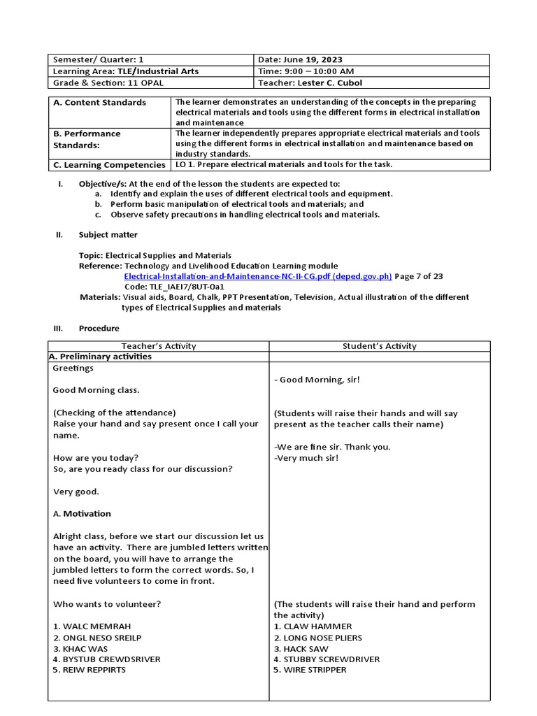 Detailed Lesson Plan in EIM 2023 | PDF | Electrical Connector | Ac Power Plugs And Sockets